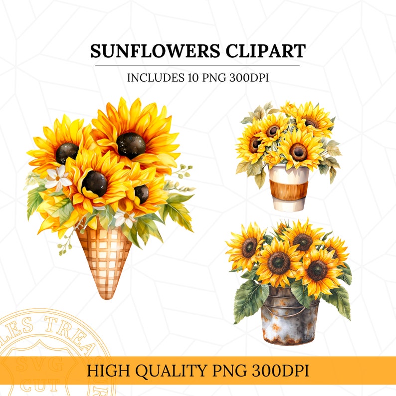 Watercolour Sunflowers Clip Art, Sunflower Wreath, Hiking Boots, Vase ...