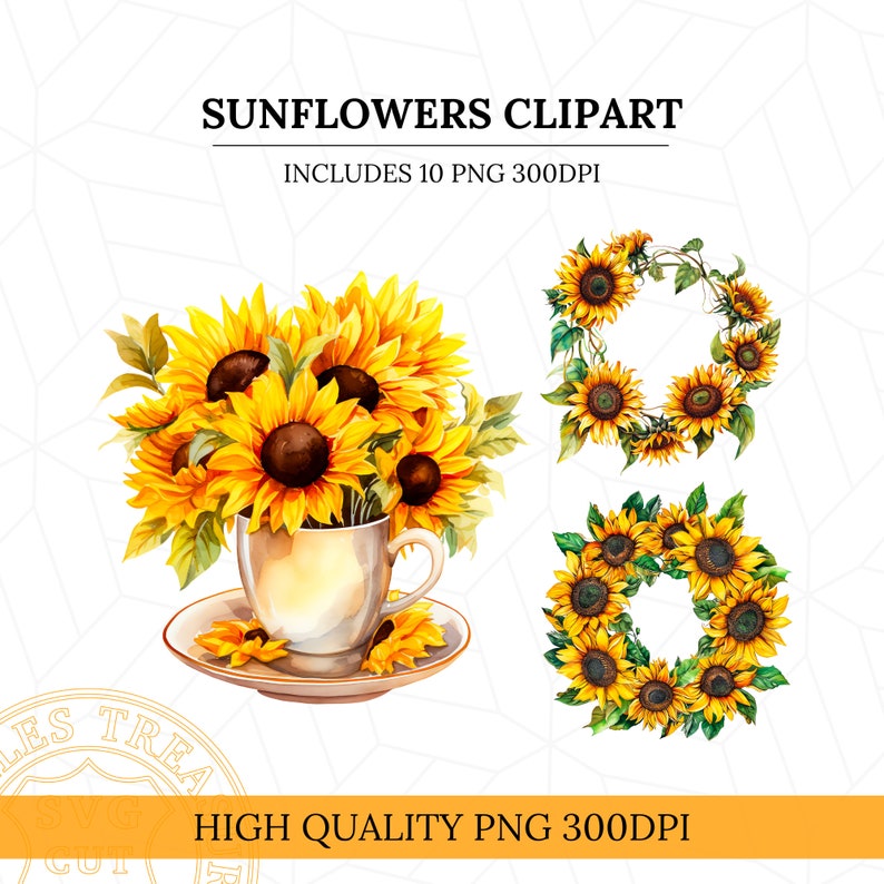 Watercolour Sunflowers Clip Art, Sunflower Wreath, Hiking Boots, Vase ...
