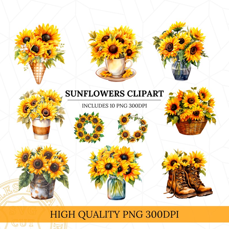 Watercolour Sunflowers Clip Art, Sunflower Wreath, Hiking Boots, Vase ...