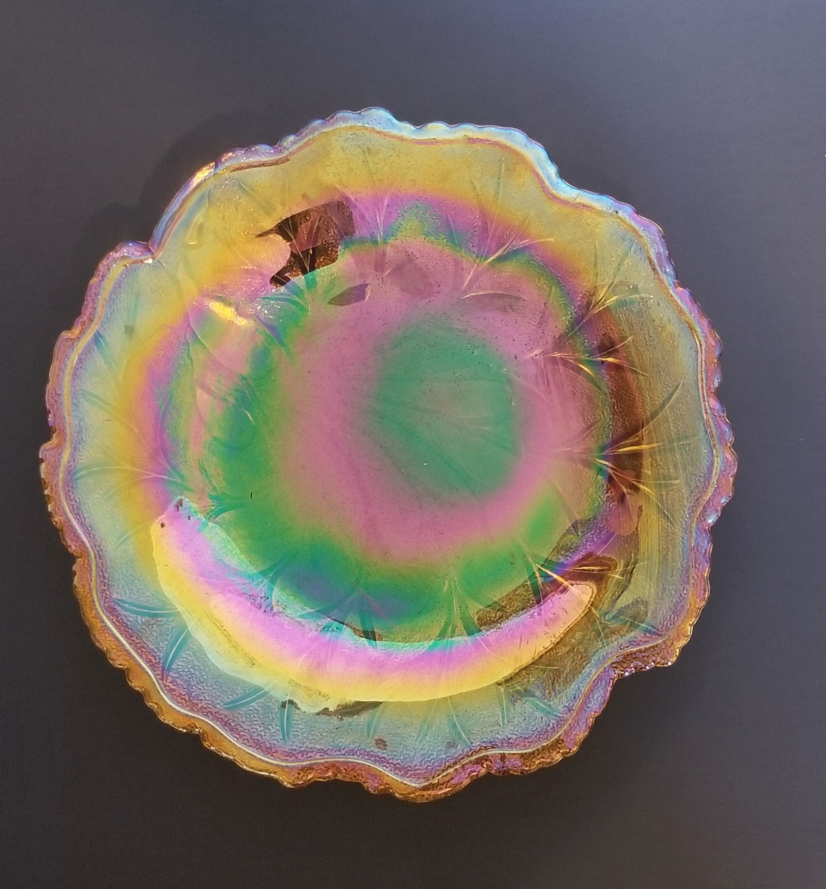 RARE Carnival Glass 10" Plate Gold / Amber Base Tone W/ Multiple ...