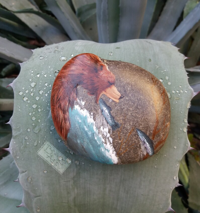 Grizzly Bear Fishing Salmon Acrylic Painting on Rock - Etsy