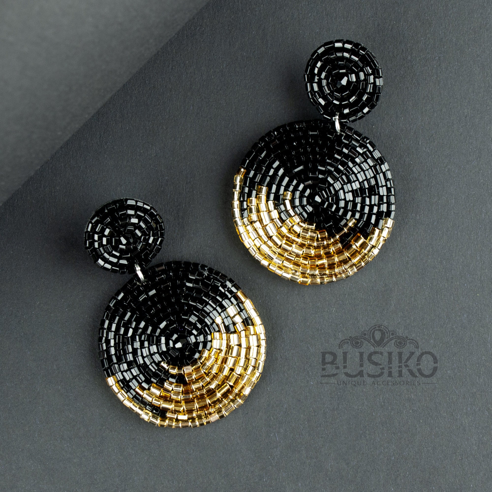 Black & Gold Earrings. Statement Geometric Earrings. Beaded | Etsy