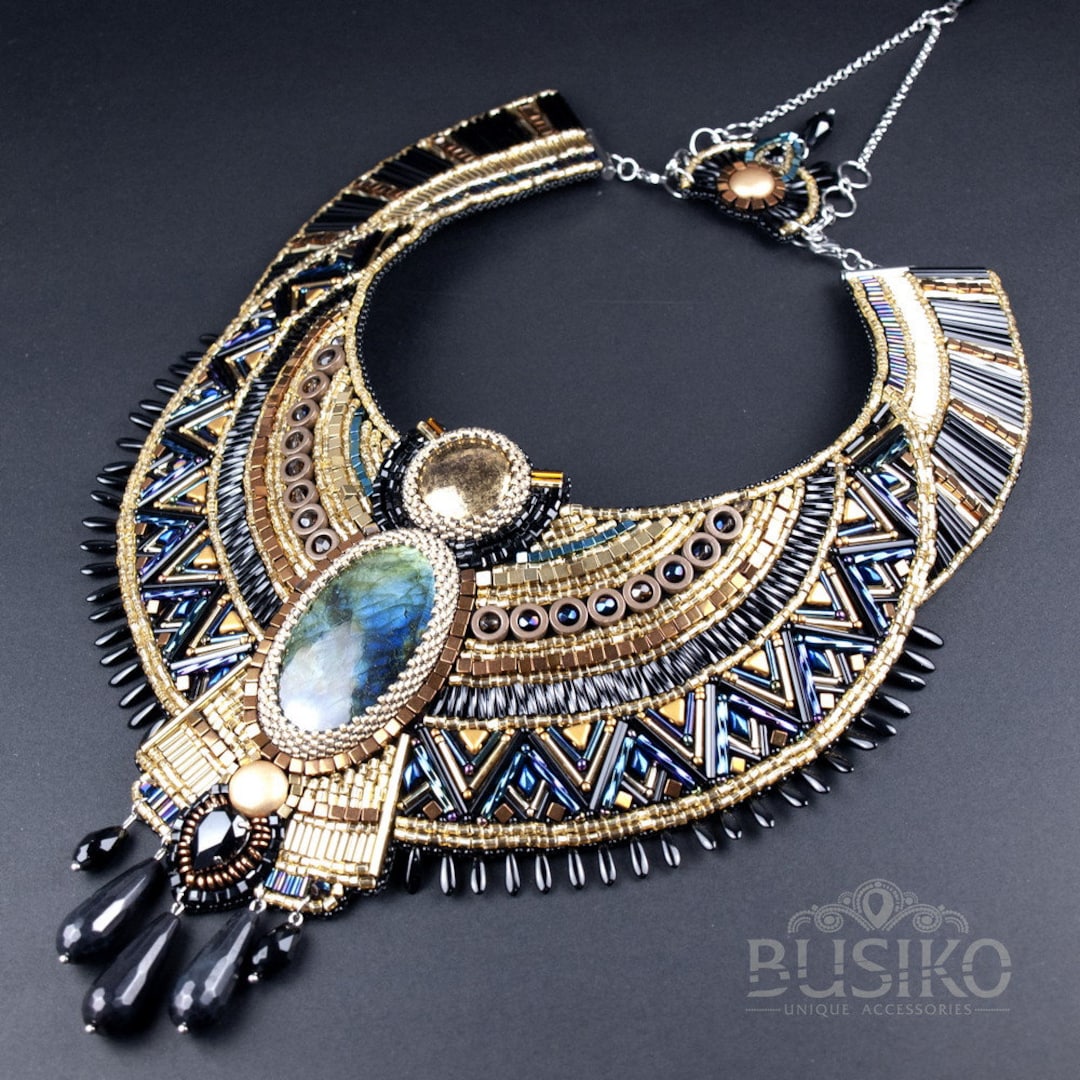 Egyptian Anubis Collar Necklace. Black Gold Bib Necklace. Beaded ...