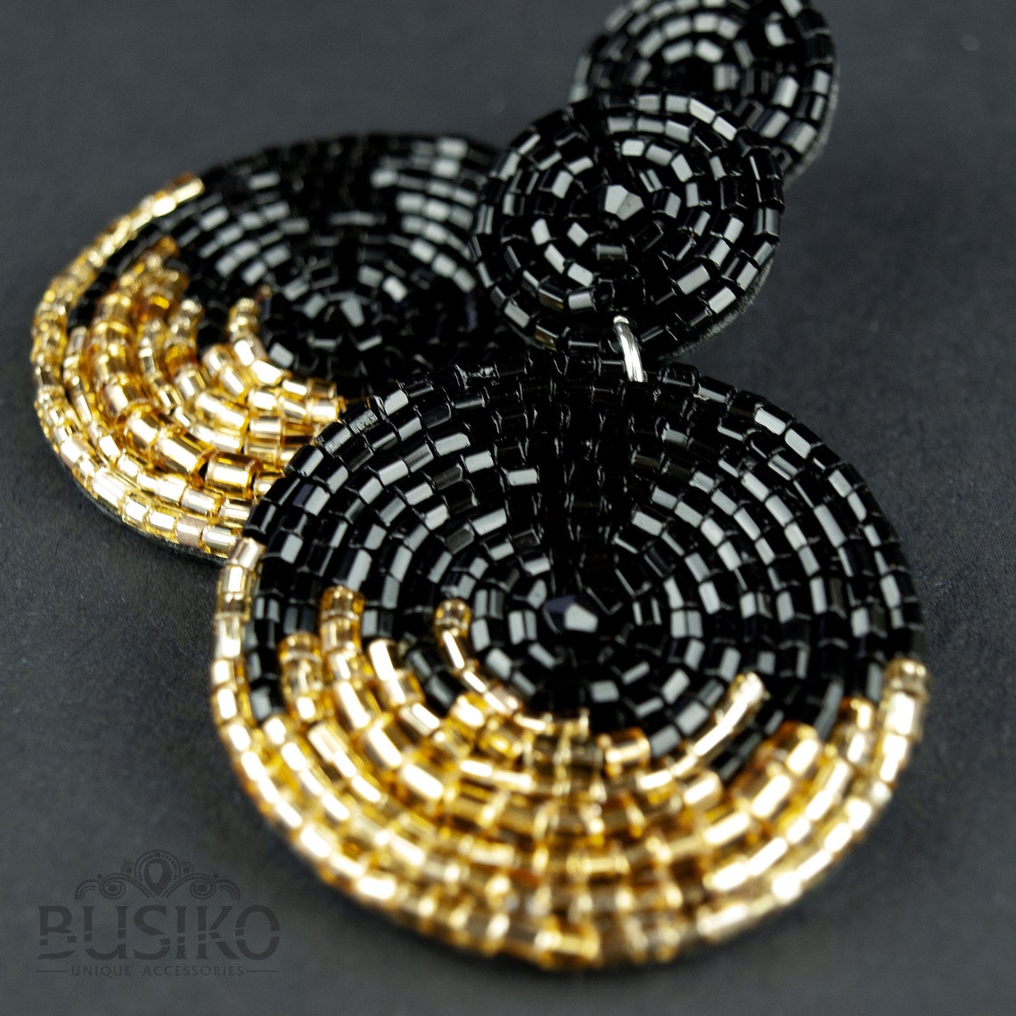 Black & Gold Earrings. Statement Geometric Earrings. Beaded | Etsy