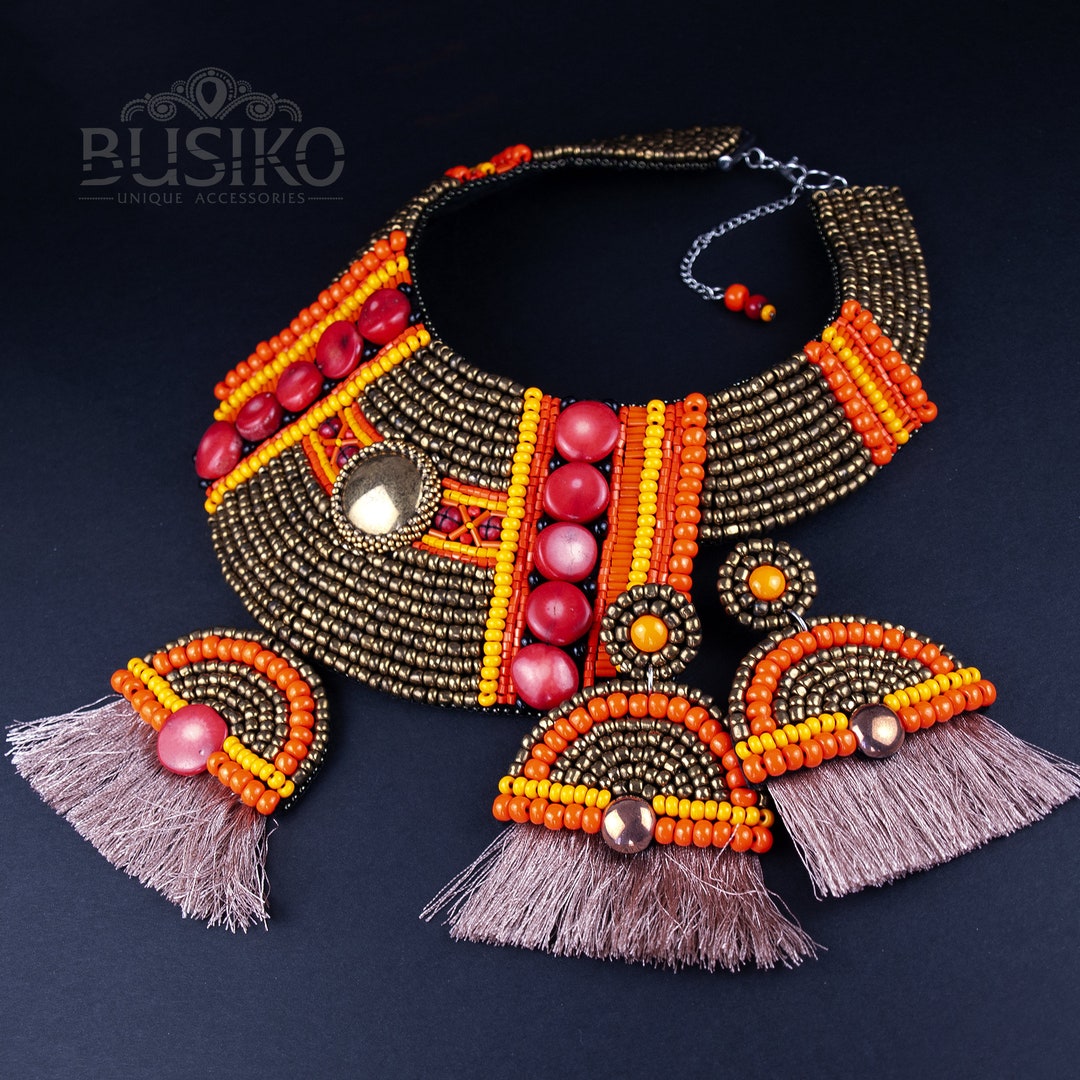 African Bib Necklace Bronze & Orange Color With Coral Beads. - Etsy