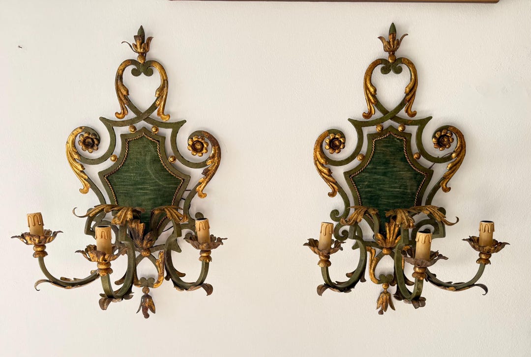 Huge Antique Pair Italian Tole Wall Sconces Metal Wall Sconces Gold ...