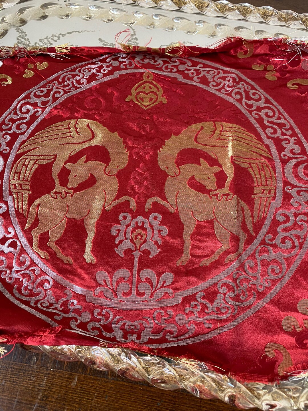 Antique Venetian Silk Fabric Red Fabric Golden Silk Fabric Woven Silk ...