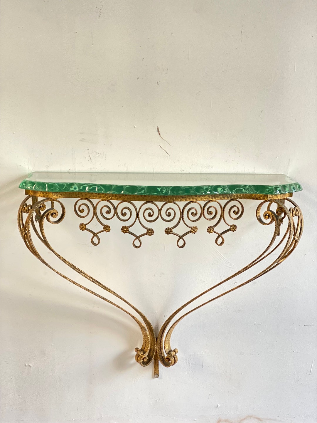 Gold Metal Console Glass Top and Wrought Iron Console Table Hollywood ...