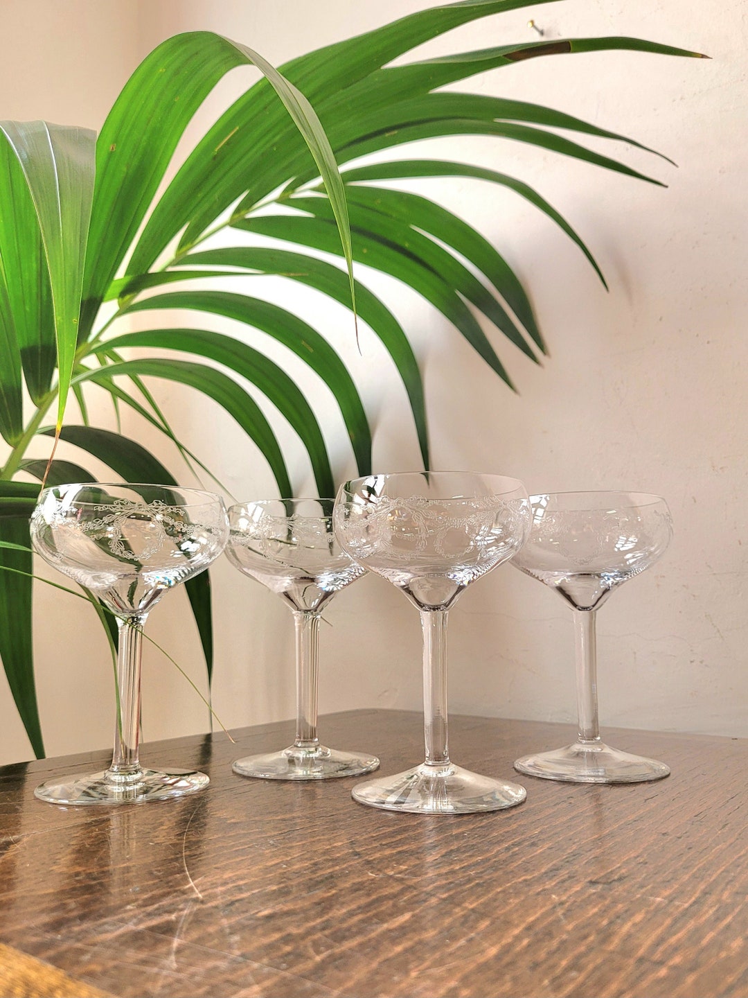 Antique Engraved Crystal Champagne Coupes Etches Champagne Glasses ...