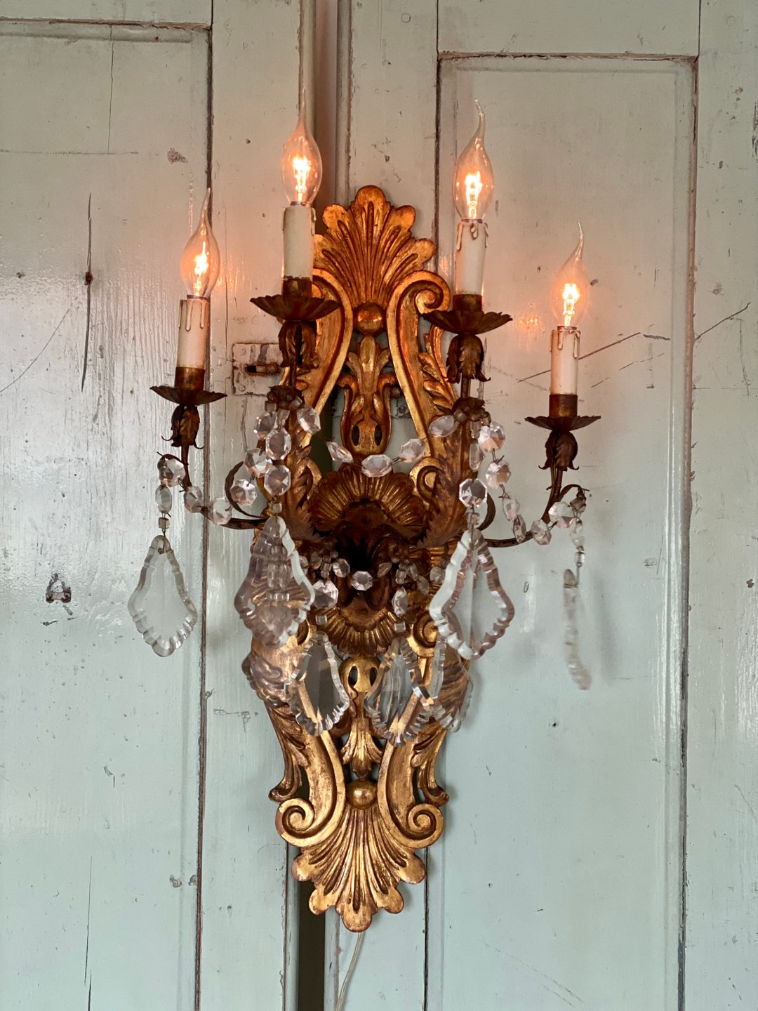 Antique Gilded Wood Sconce With Crystal Drops Italian Wall Sconce ...