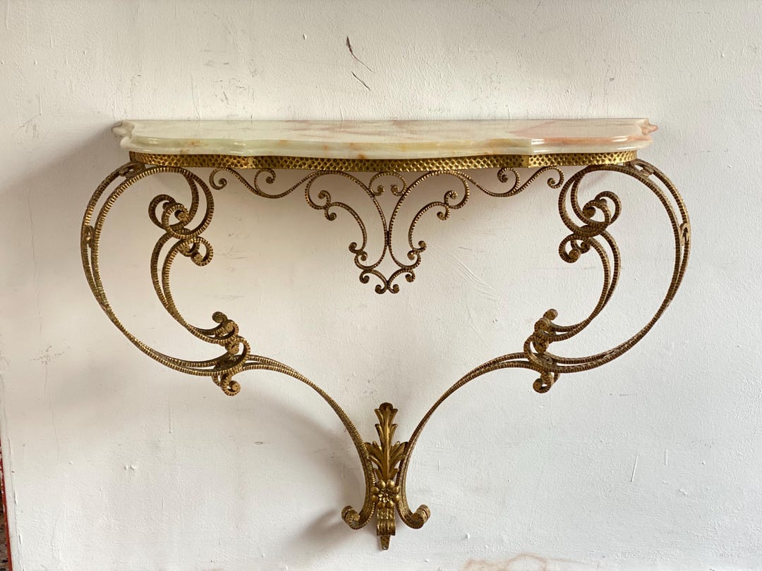 Huge Gold Metal Console Marble Top and Wrought Iron Console Table ...
