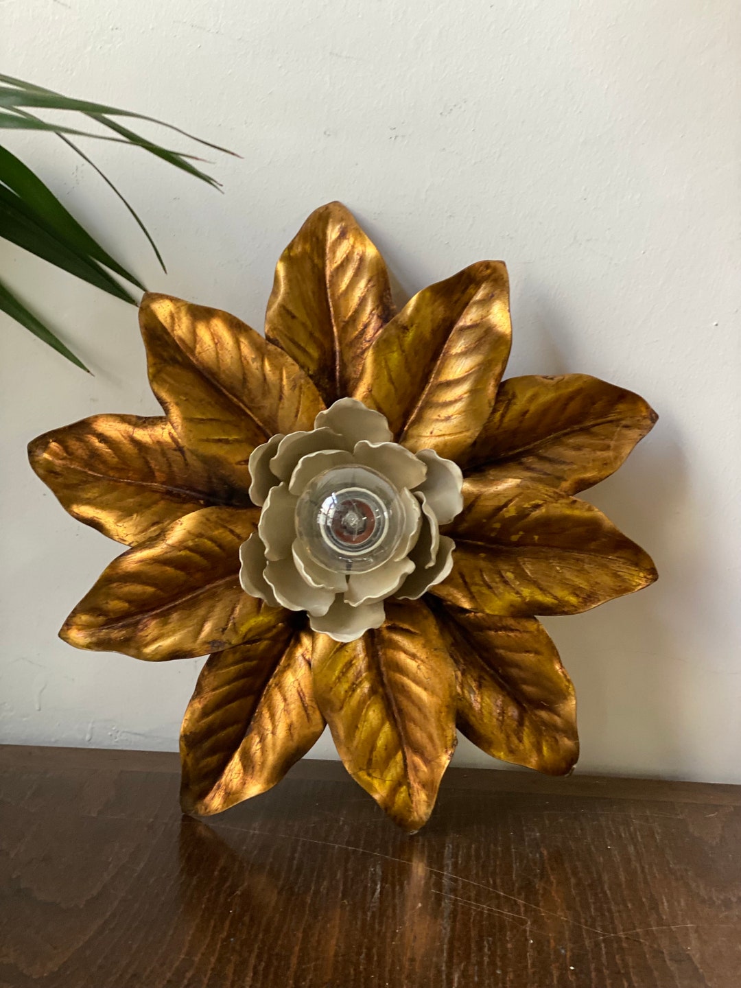 Mid Century Gold Tole Chandelier Flower Floush Mounted Ceiling Light ...