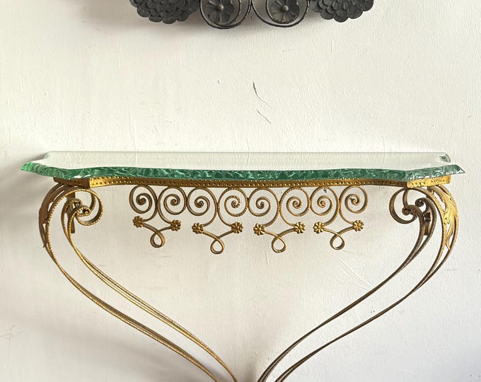 Gold Metal Console Glass Top and Wrought Iron Console Table Hollywood ...