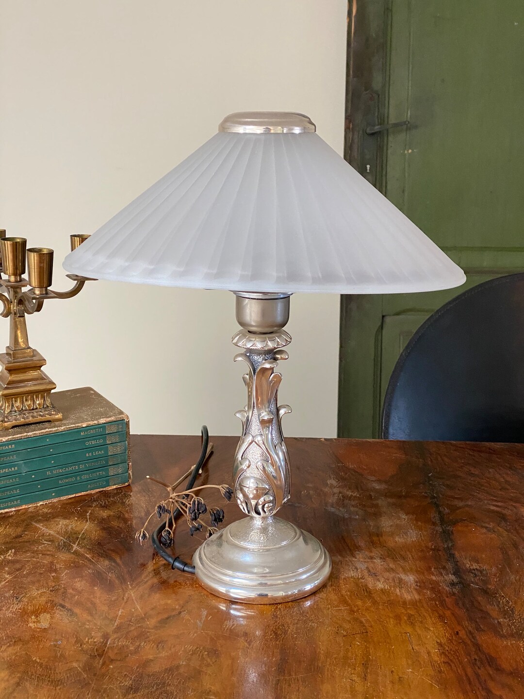 Mid Century Italian Silver Table Lamp With Glass Shade Mid Century ...