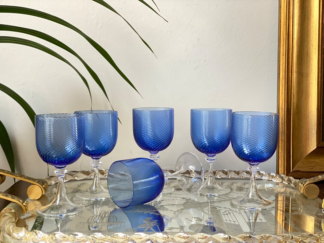 Vintage Murano Wine Glasses Blue Water Glasses Italian Barware Blue ...