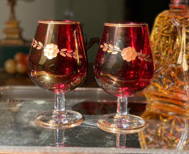 Vintage Ruby Crystal Cognac Glasses Brandy Balloon Snifters | Etsy