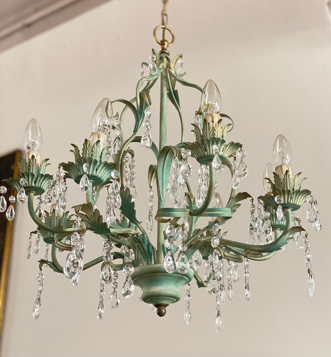 Mid Century Tole Chandelier With Crystal Drops Crystal Ceiling Light ...