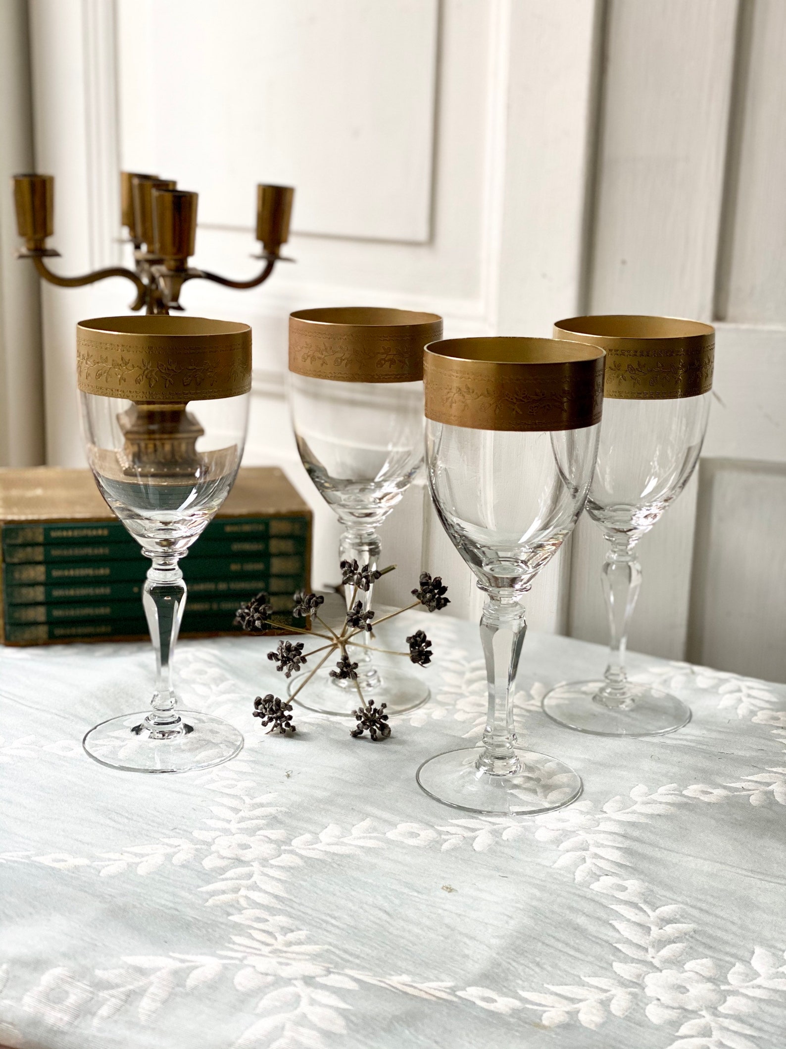 Antique Murano Wine Glasses With Gold Rim and Etched Floral - Etsy