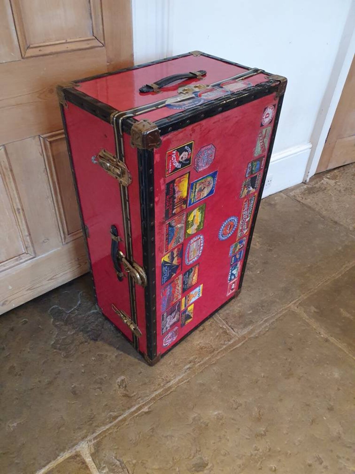 Vintage Red Shipping Trunk With Labels | Etsy