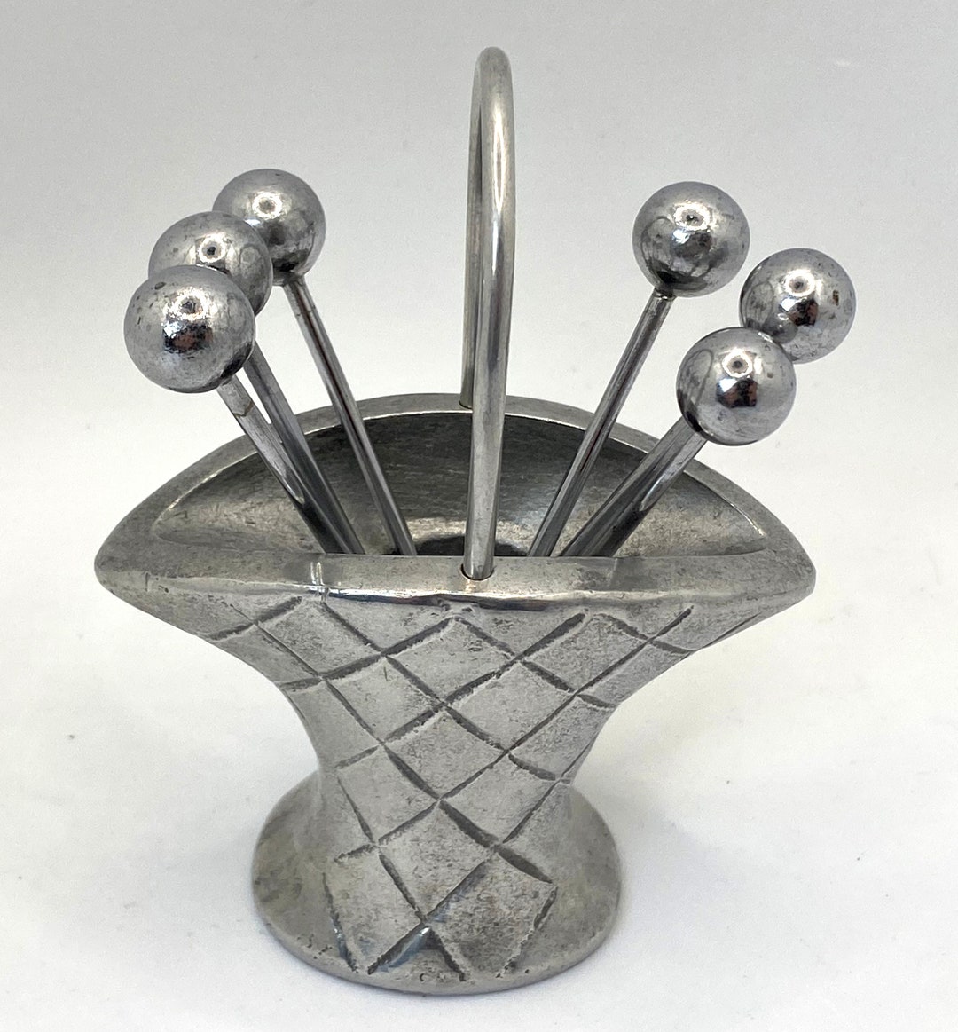 Beautiful Art Deco Pick Set. 6 Chrome Skewers in a Cast Aluminum Basket ...