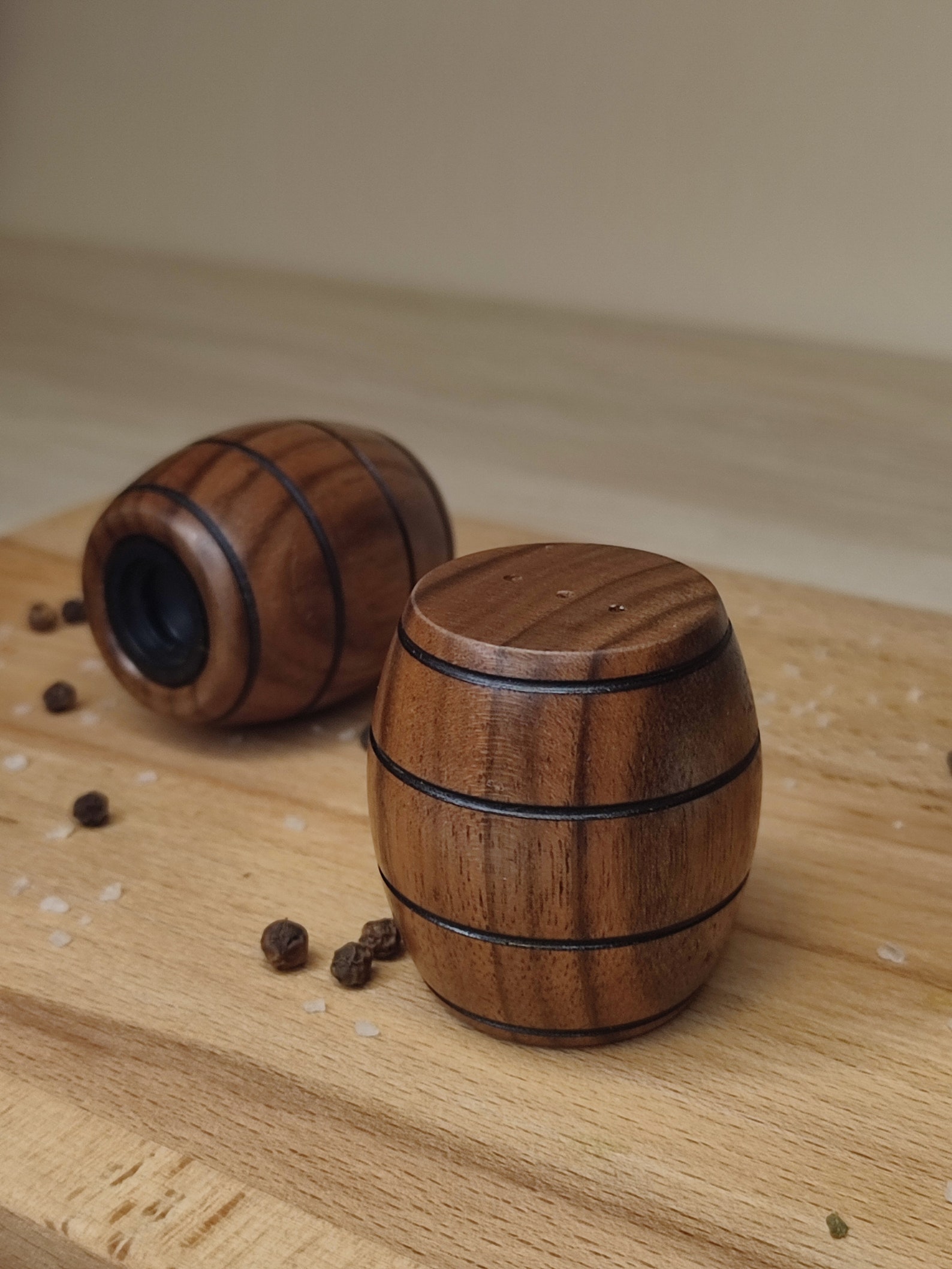 Salt and Pepper Handmade Shakers Walnut Wood Elegant Wooden Barrel ...