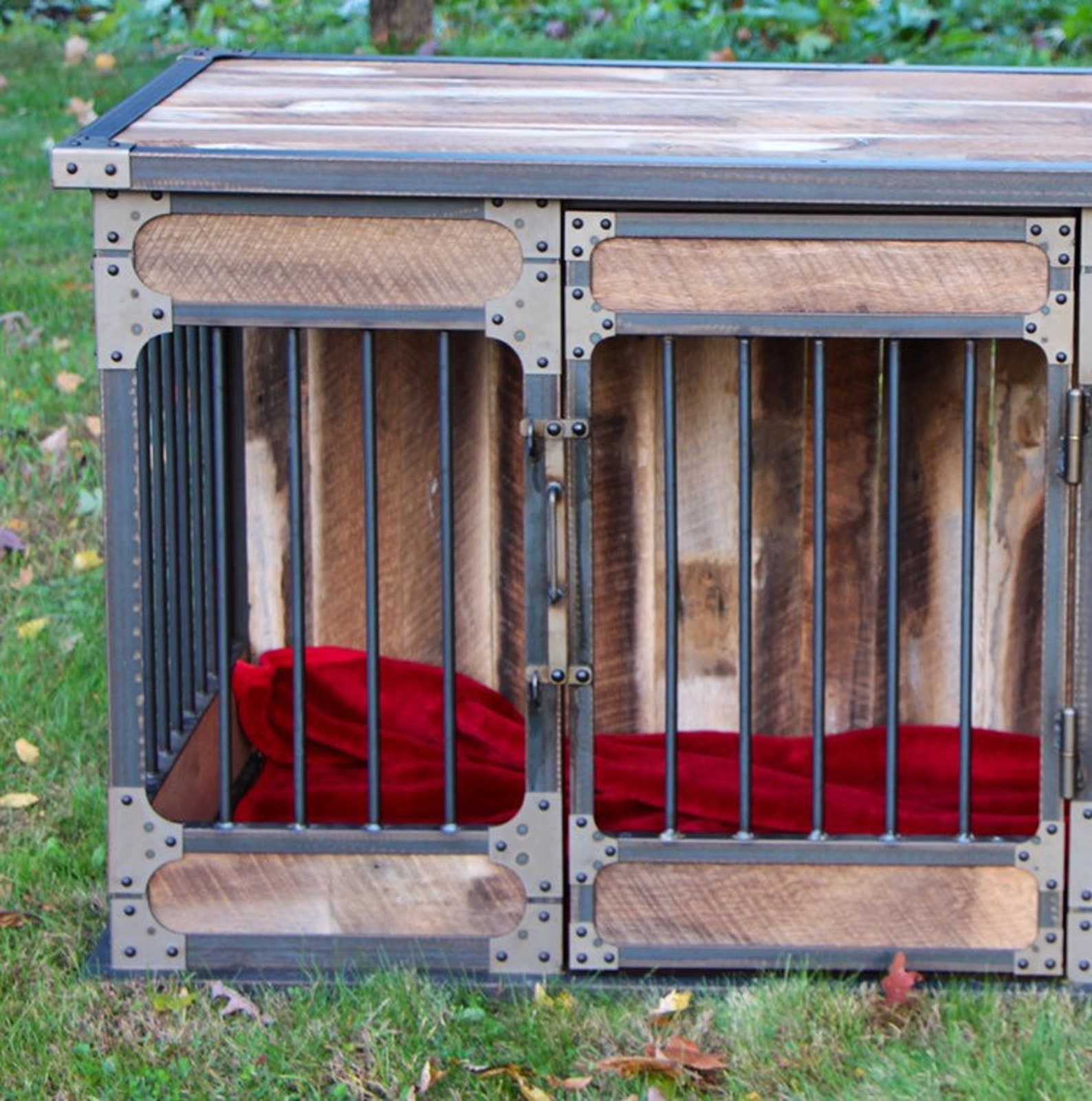 Rustic Industrial Dog Kennel, Dog Crate Double Door - Riveted Steel Dog ...
