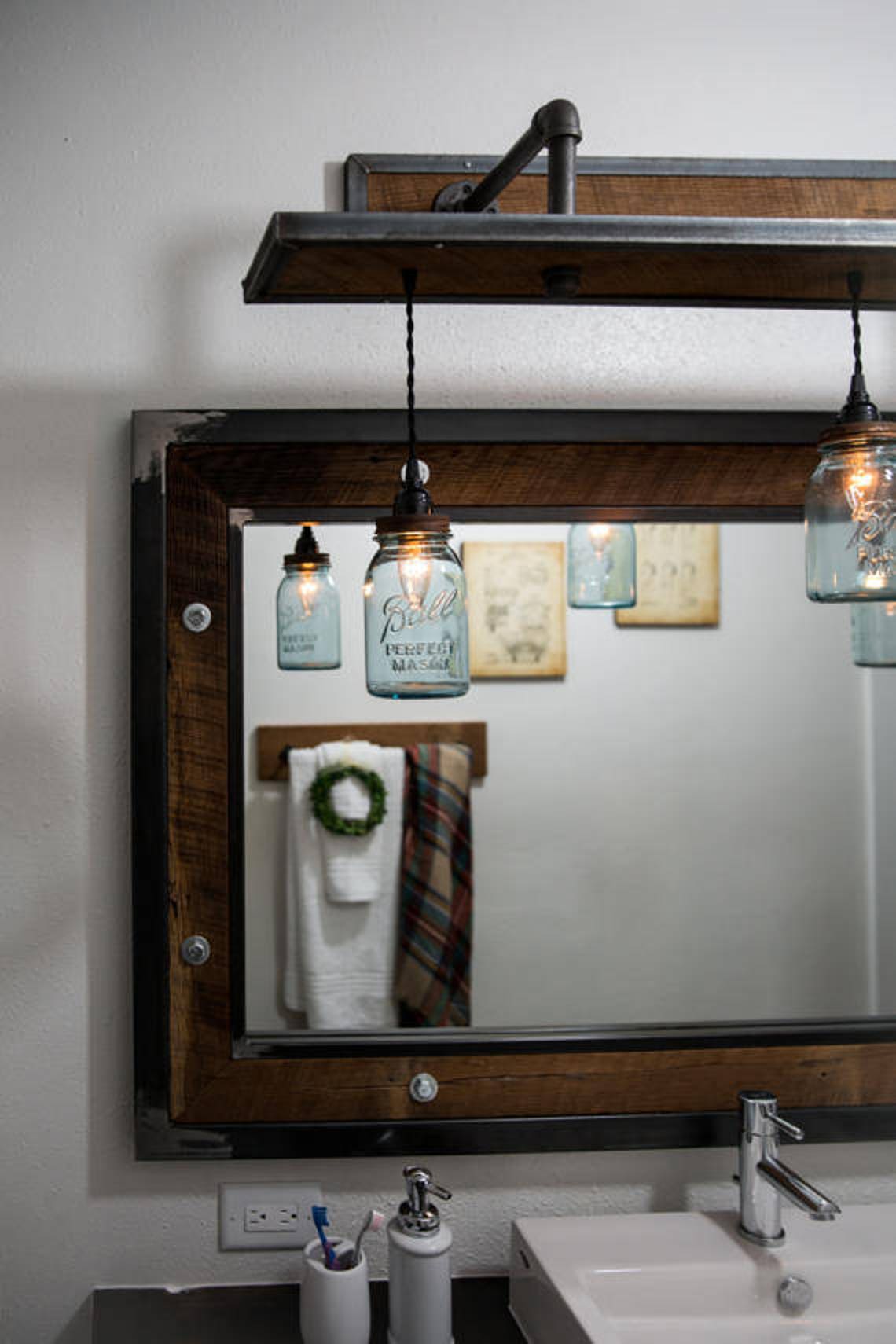 Rustic Industrial Light - Steel and Barn Wood Vanity Light (vintage Jar ...
