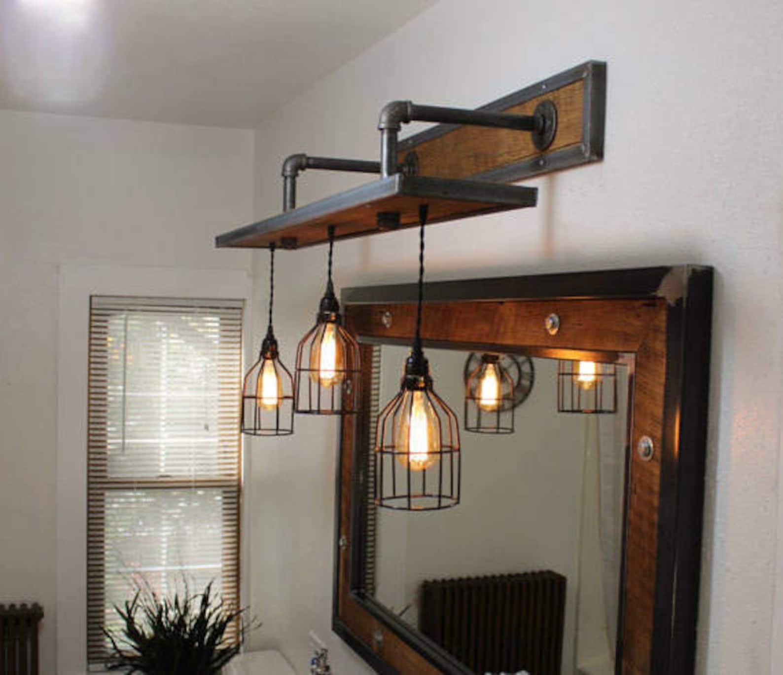 Rustic Industrial Light Steel and Barn Wood Vanity Light | Etsy