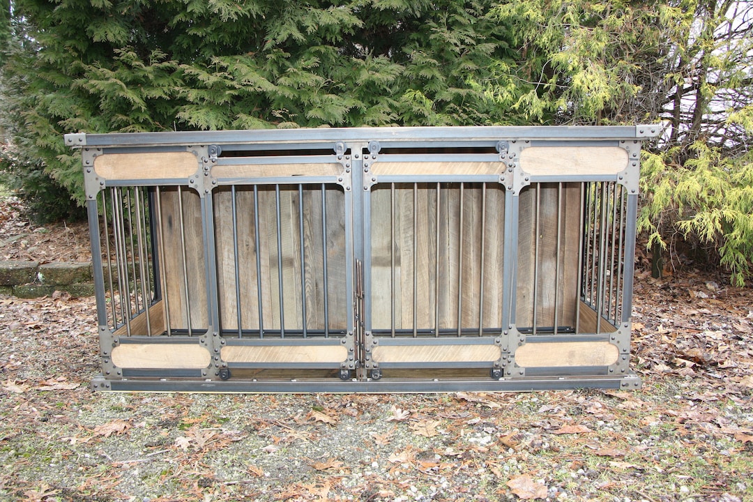 Rustic Industrial Dog Kennel, Dog Crate Double Barn Door - Riveted ...