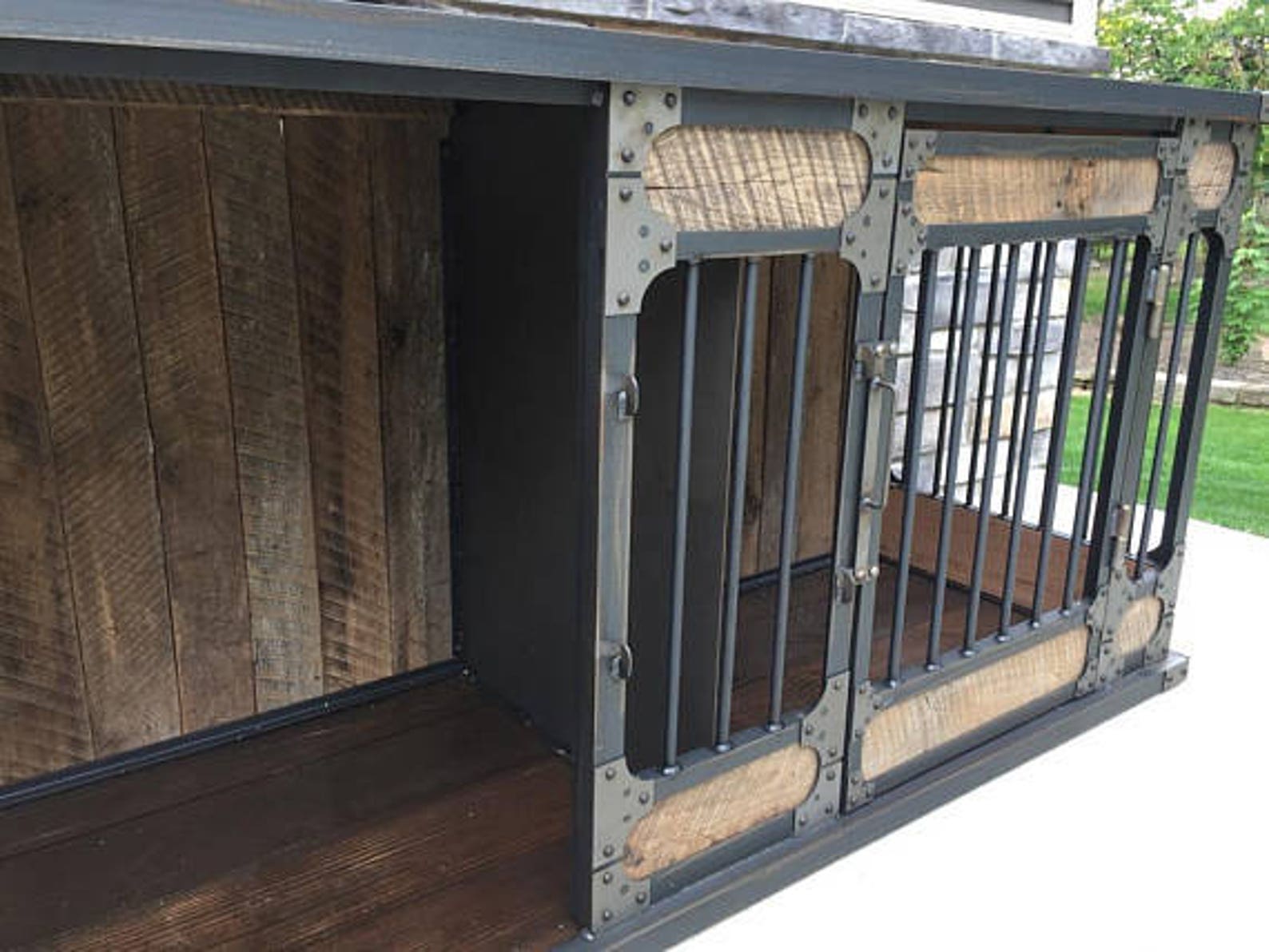 Rustic Industrial Dog Kennel, Dog Crate Double Door - Riveted Steel Dog ...
