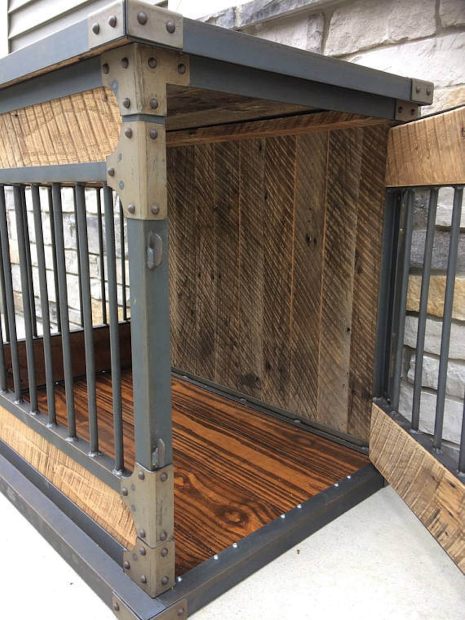 Rustic Industrial Dog Kennel, Dog Crate - Riveted Steel Dog Kennel With ...