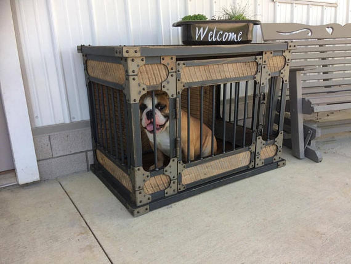 Rustic Industrial Dog Kennel, Dog Crate - Riveted Steel Dog Kennel With ...