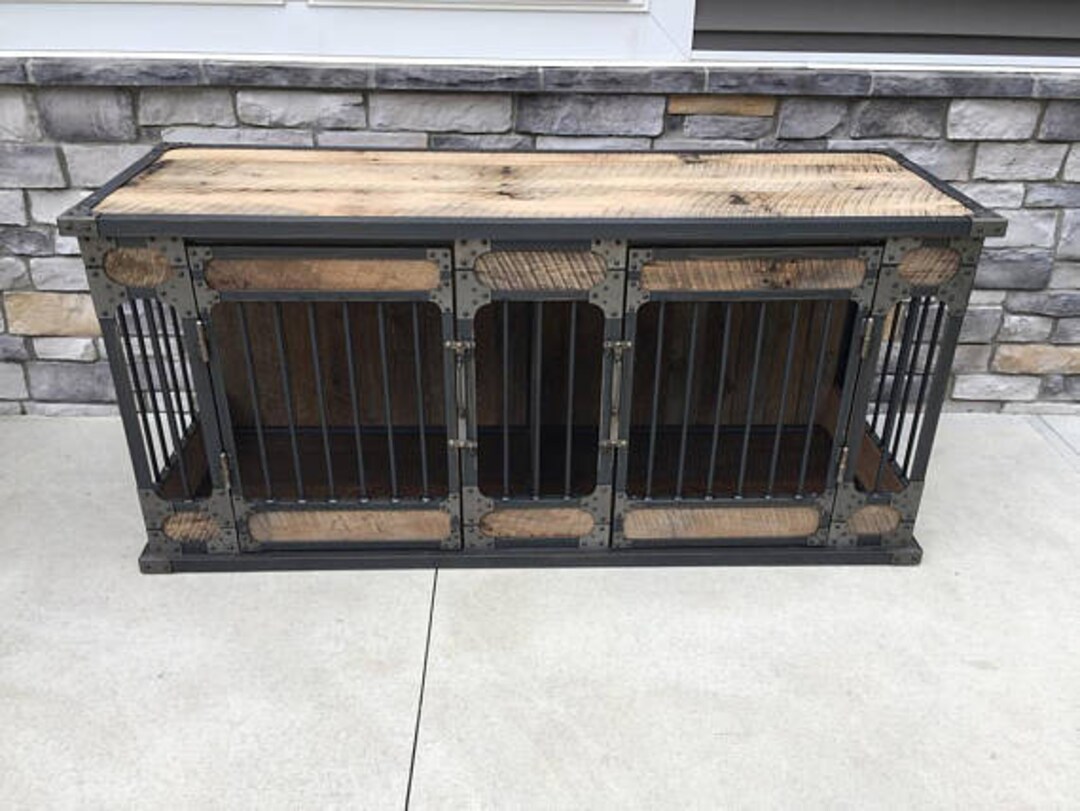 Rustic Industrial Dog Kennel, Dog Crate Double Door - Riveted Steel Dog ...