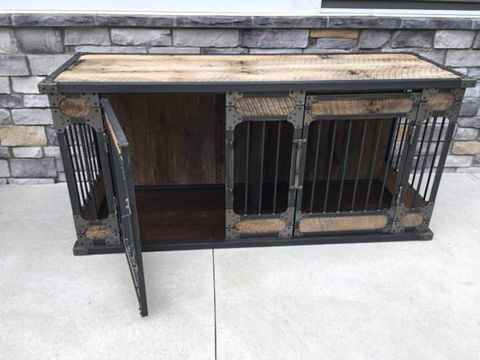 Rustic Industrial Dog Kennel, Dog Crate Double Door Riveted Steel Dog ...