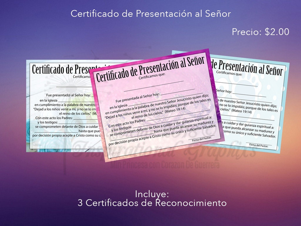 Certificado De Presentacion Al Senor