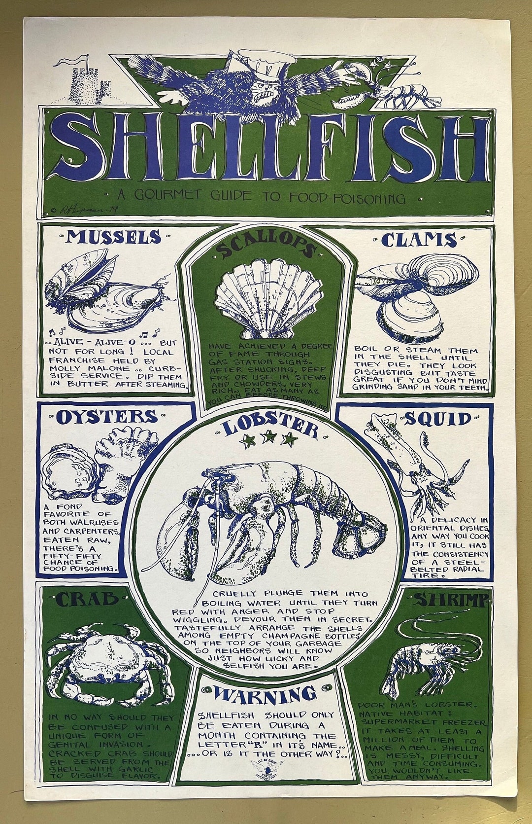 Vintage SHELLFISH Poster, A Gourmet Guide to Foodpoisoning, R. Hupman ...