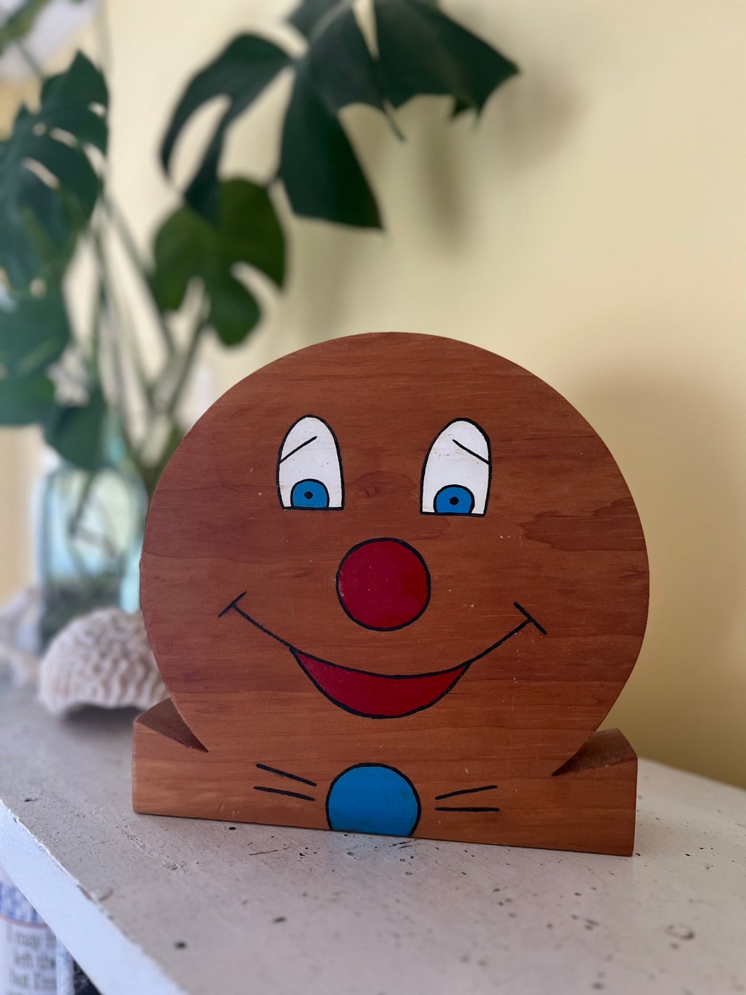 Vintage Wooden Clown Crayon or Pencil Holder, Handmade Retro Craft Room ...