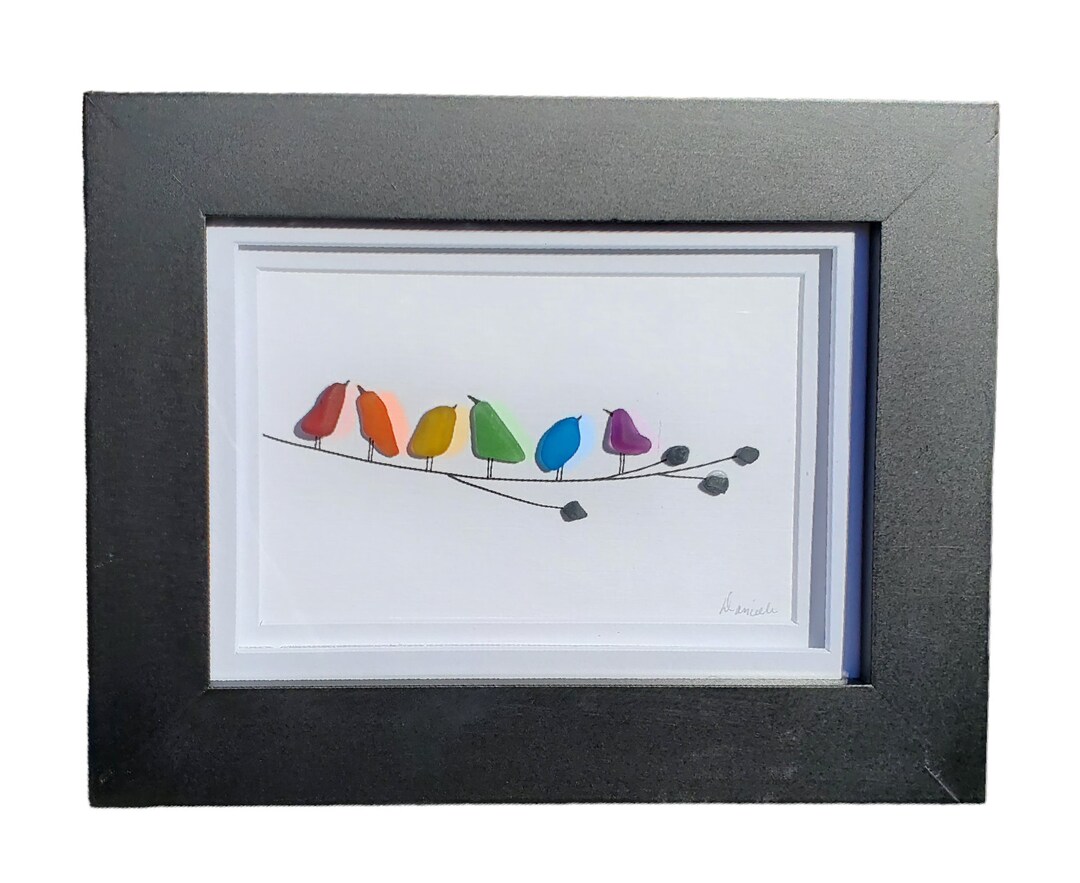 Framed Sea Glass Art of Colorful Birds on Branch, Rainbow Art, Handmade ...