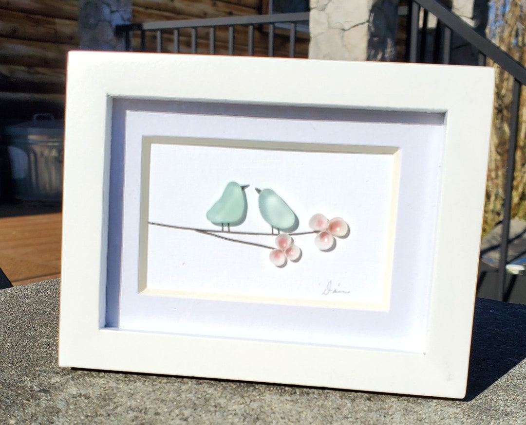 Mini Desk Framed Art Sea Glass Birds With Shell Flowers Natural Seaglass Unique Art The