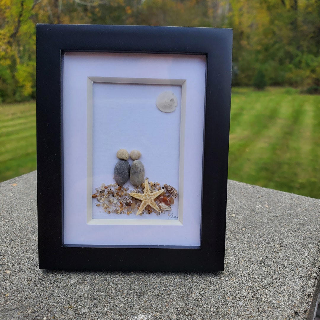 Mini Pebble Art: Couple on Beach With Seashells, Sand Dollar (3.5x4 ...