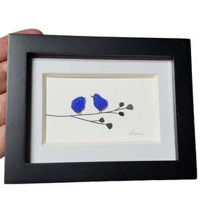 Mini Framed Art, Seaglass Birds on Branch, Colbalt Seaglass Art, Unique ...