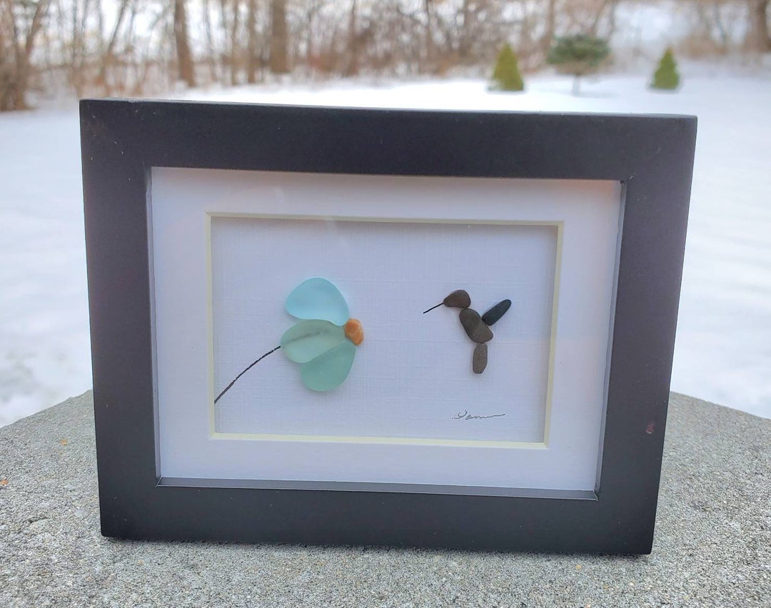 Mini Sea Glass Hummingbird Art: Framed Pebble Flower (3.5x4 Inches) - Etsy