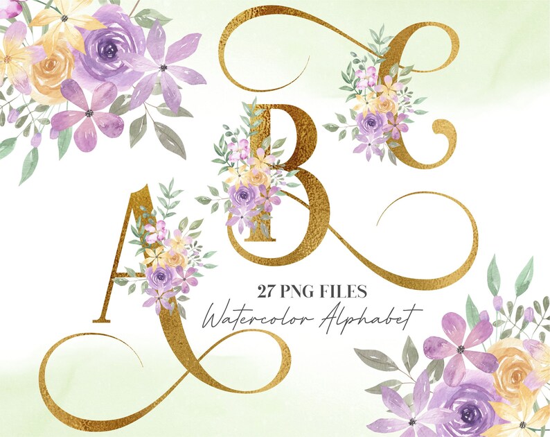 Bundle Watercolor Flowers Alphabet PNG Gold Letters Alphabet - Etsy