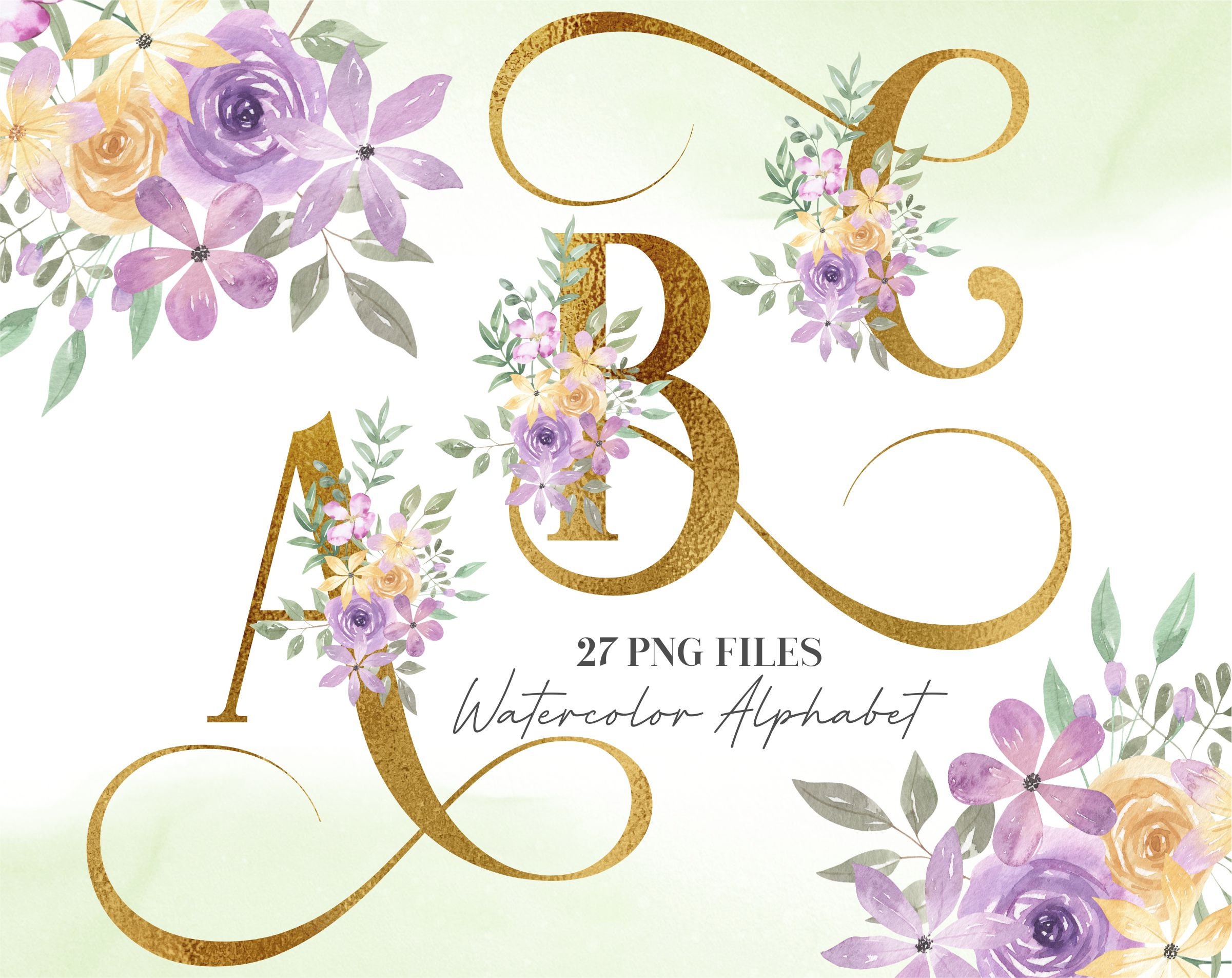 Bundle Watercolor Flowers Alphabet PNG Gold Letters Alphabet - Etsy