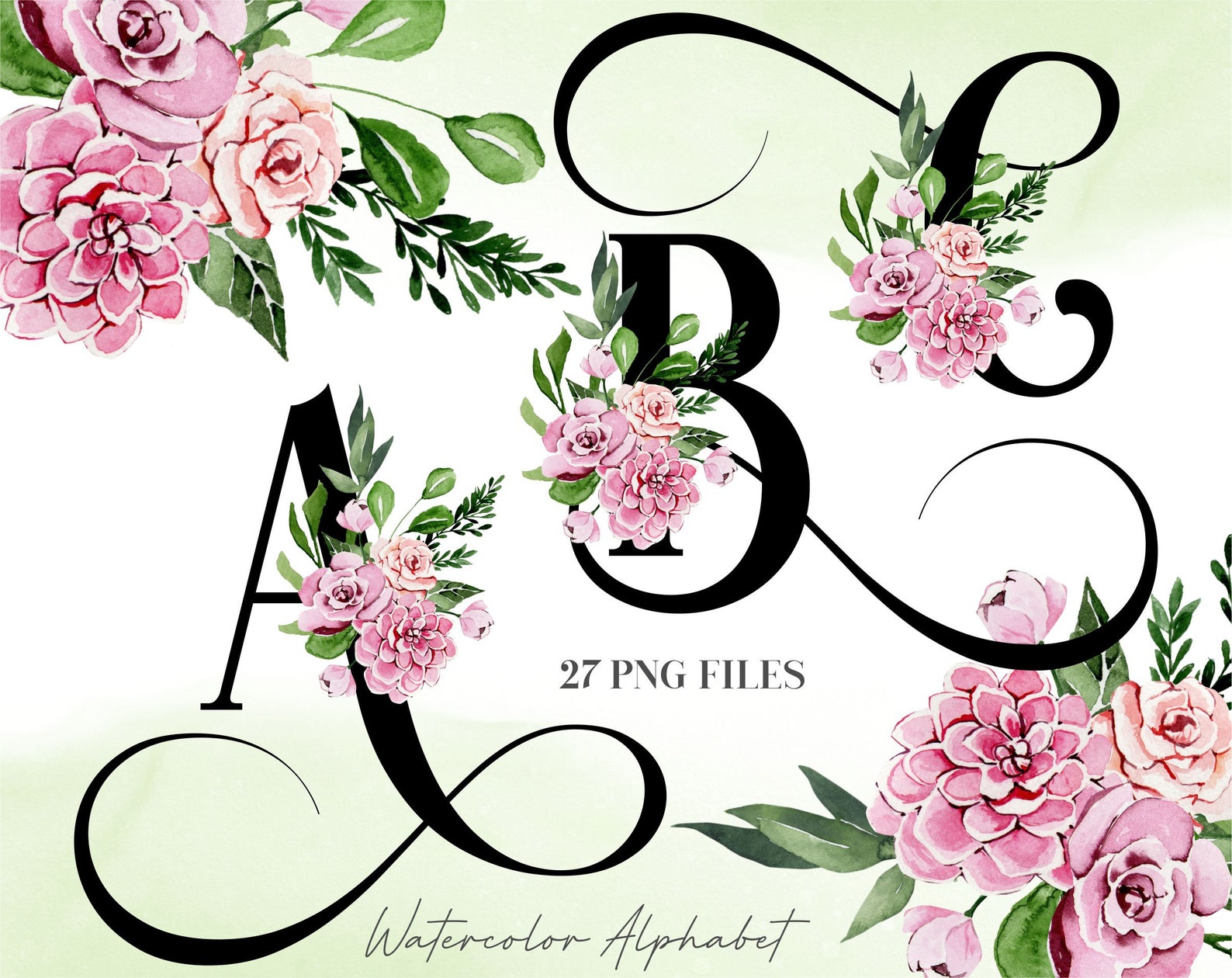 Watercolor Flowers Alphabet PNG Black Pink Floral Alphabet | Etsy