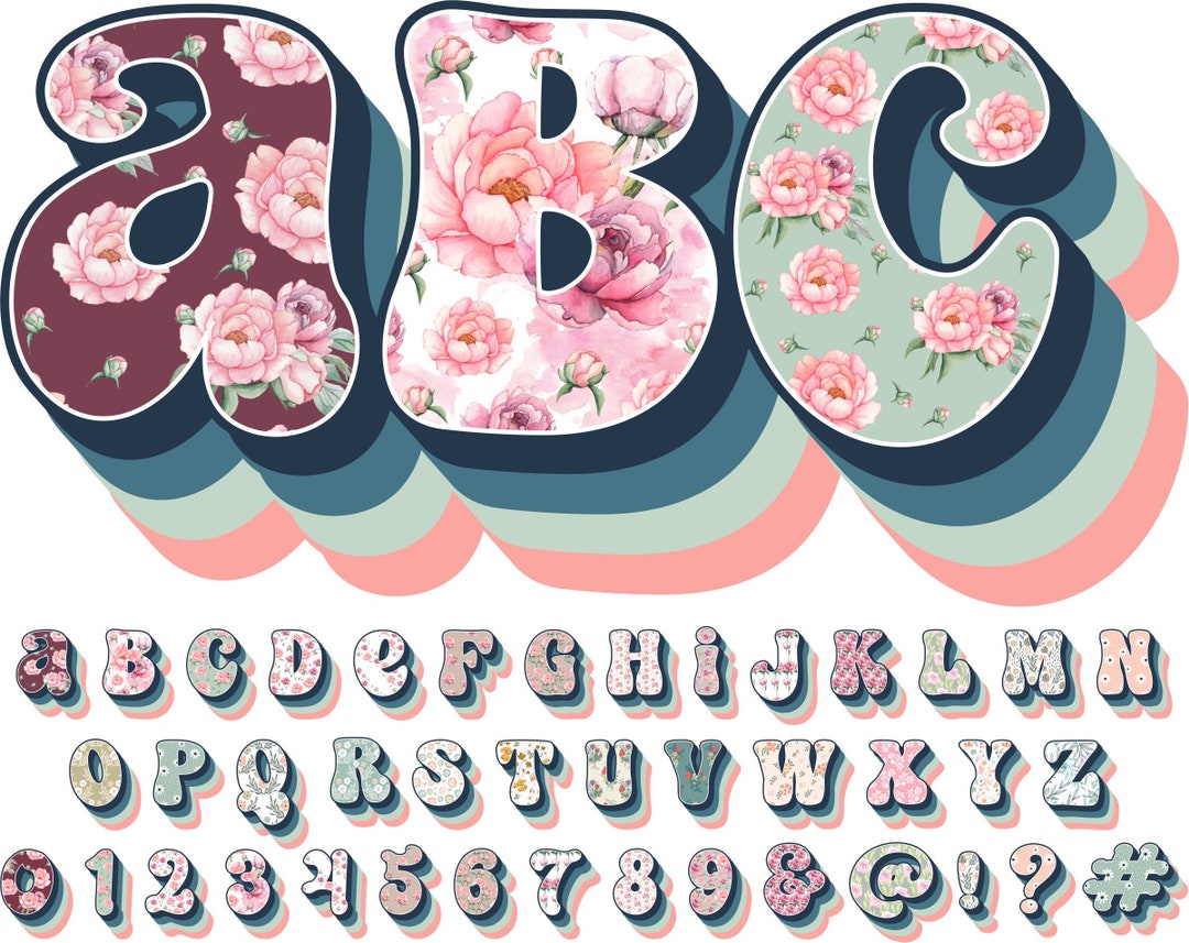 Retro Spring Floral Alphabet PNG, Retro Drop Shadowed Doodle Alpha ...