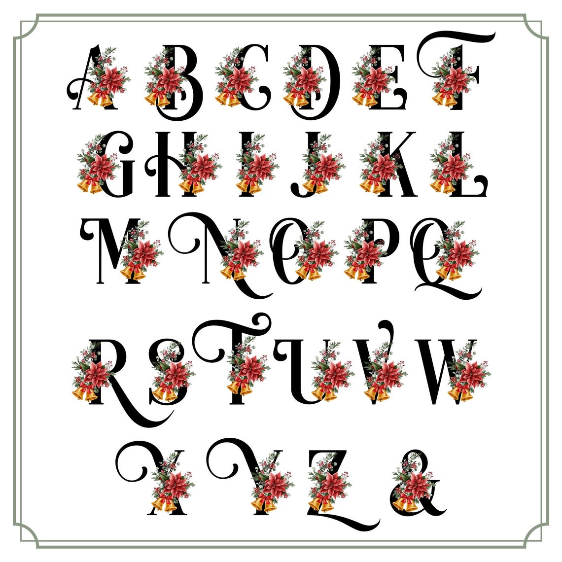 Christmas Watercolor Flowers Alphabet PNG Black Red Floral - Etsy
