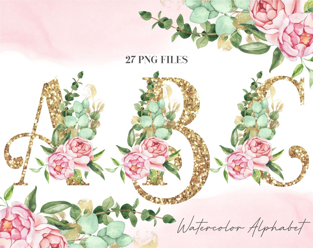 Watercolor Flowers Alphabet PNG, Gold Soft Pink Floral, Glitter Letters ...