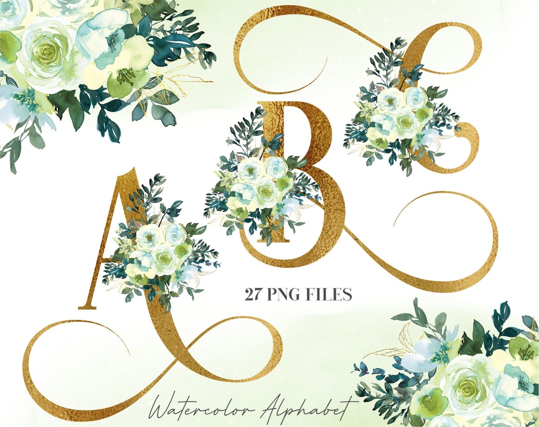 Watercolor Flowers Alphabet PNG, Gold Floral Alphabet Clip Art ...