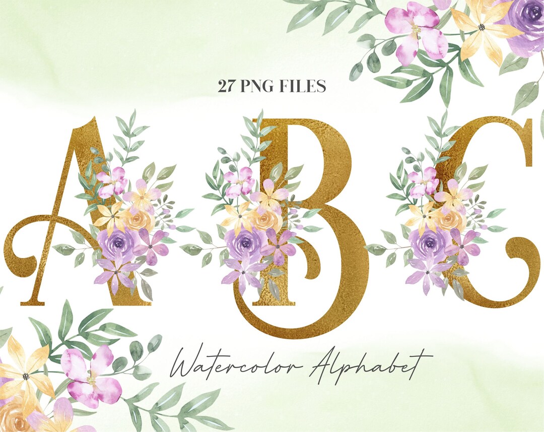 Watercolor Flowers Alphabet PNG, Gold Lilac Floral Alphabet Clip Art ...